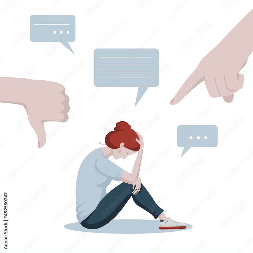 Cyber bullying. Depressed young woman sitting on the floor, surrounded ...