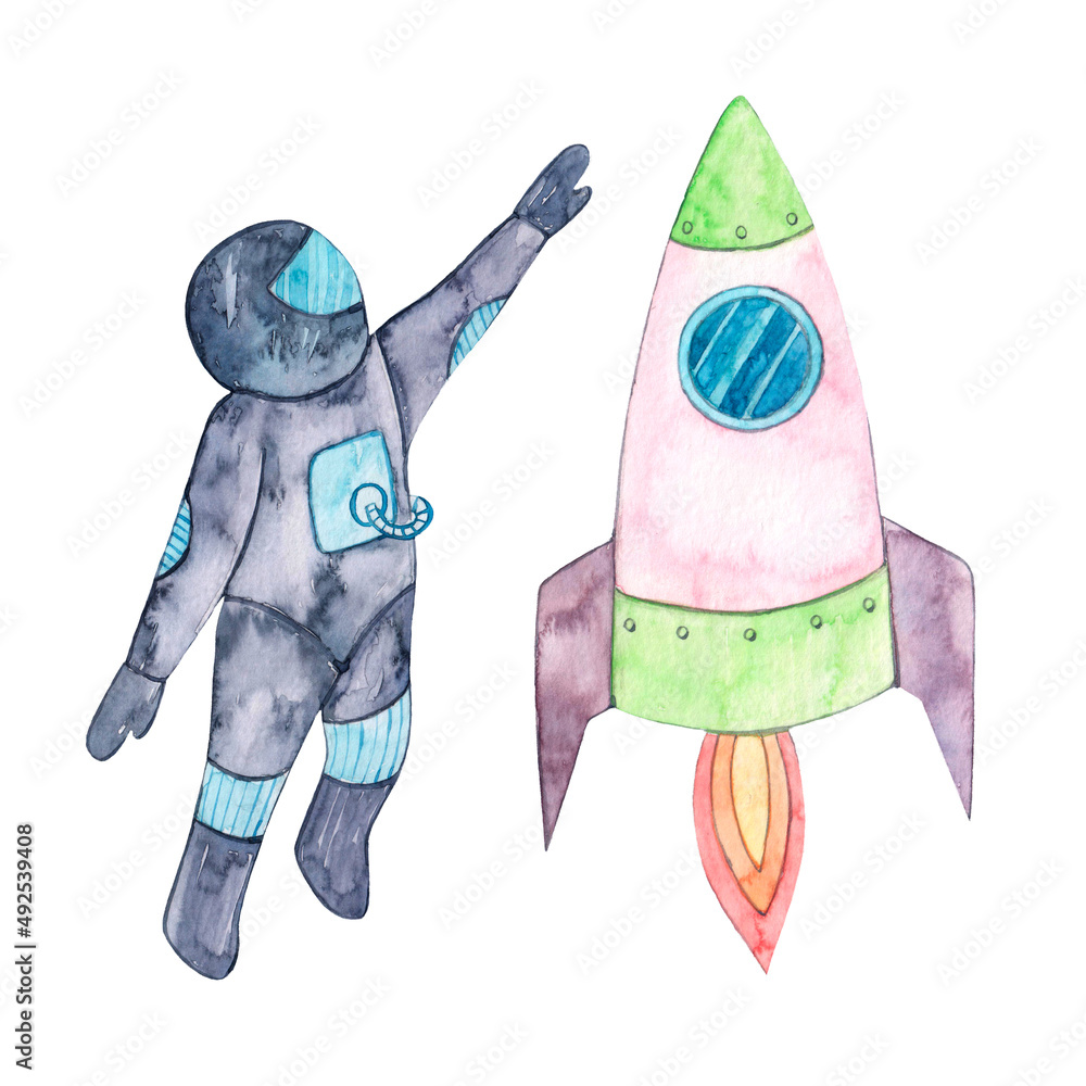 Watercolor drawing astronaut and rocket isolated on white background ...