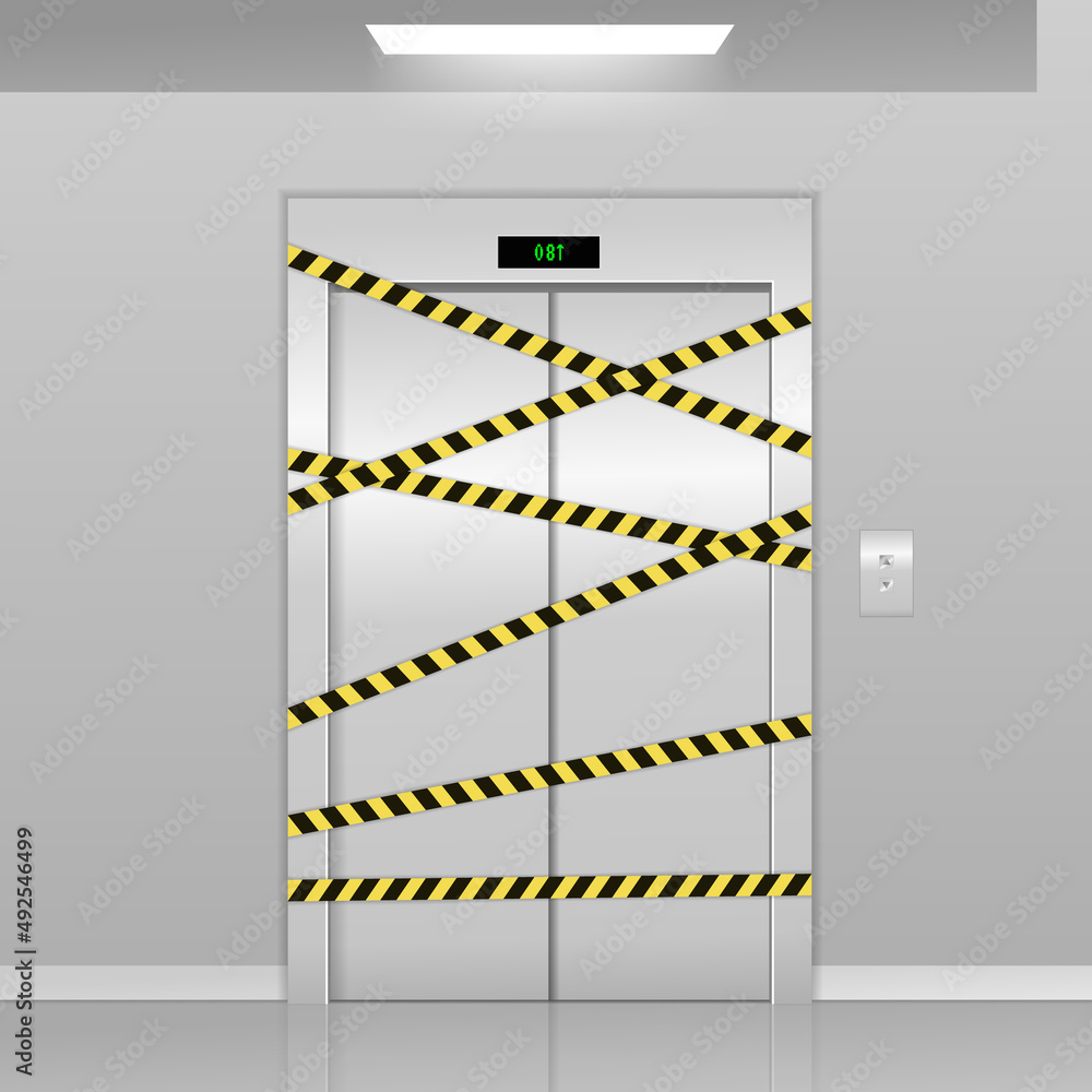 Realistic 3d broken elevators on repair with warning yellow tape. Metal ...