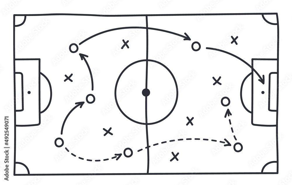 Soccer strategy field, football game tactic drawing on chalkboard. Hand ...