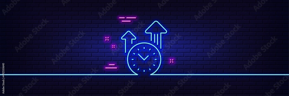 Neon light glow effect. Time management line icon. Clock sign. Watch ...