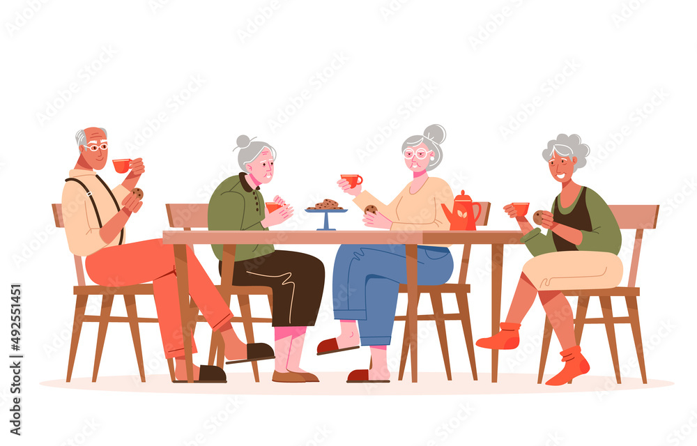 Elderly people drink tea at the table. Grandpa and grandma are having ...