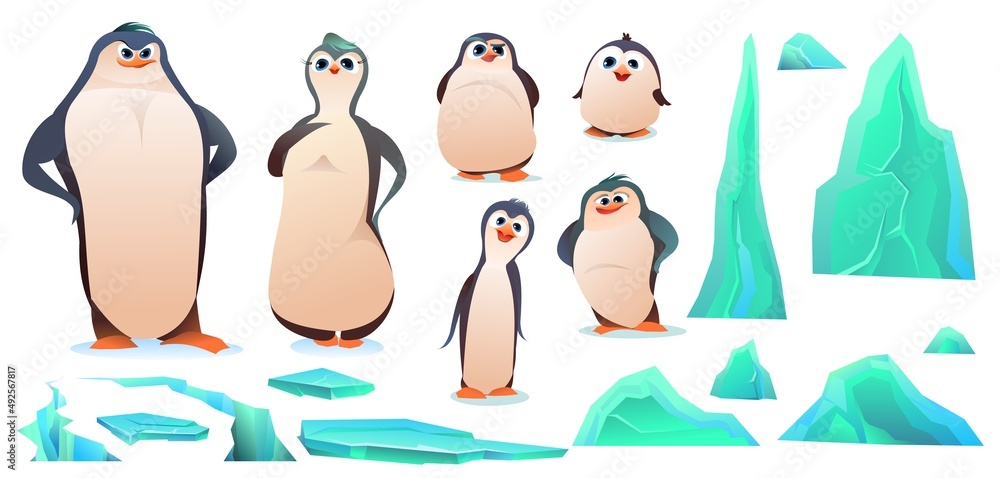Cartoon penguin family. Set objects. Pieces of ice and iceberg ...