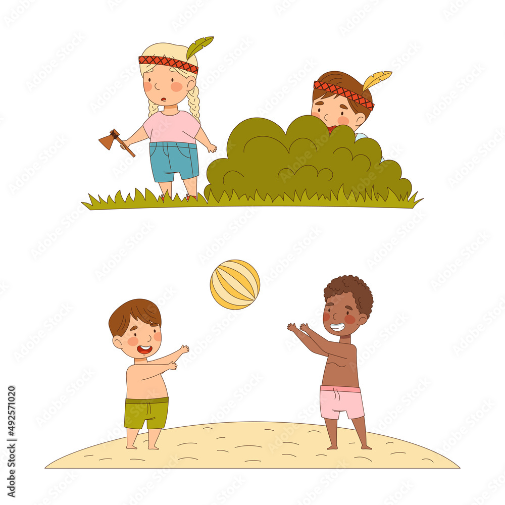 Kids summer activities set. Happy children playing outdoors cartoon ...