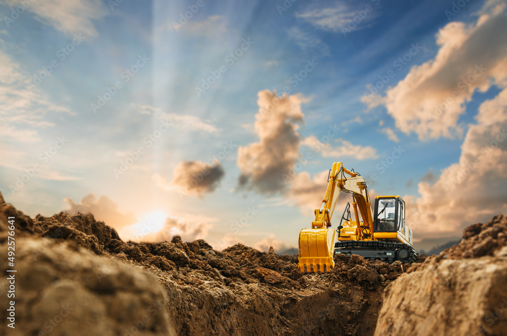 Excavator with Bucket lift up are digging soil in the construction site ...