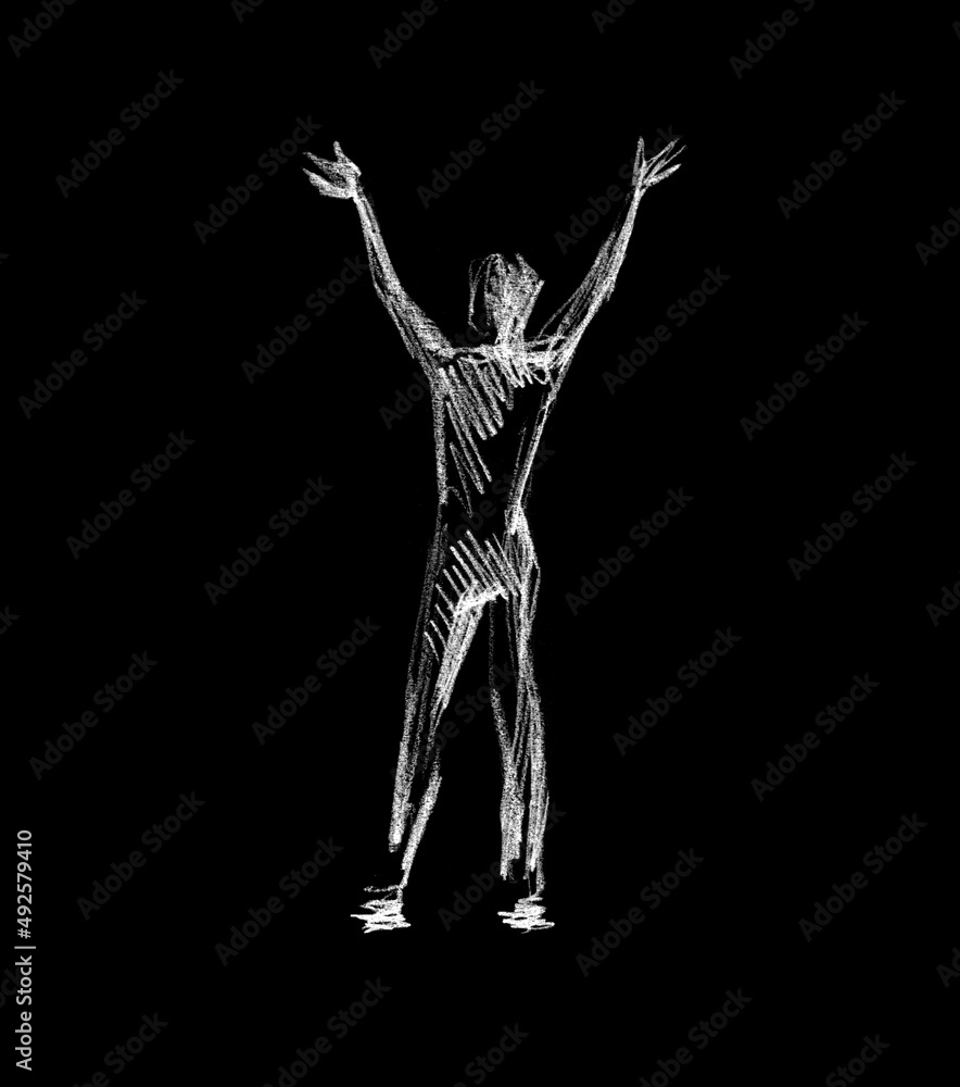 The man raised his hands up. Back view. Pencil drawing Stock ...