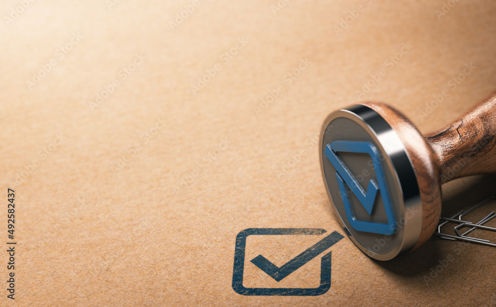 Illustrazione Stock Check mark and rubber stamp over paper background ...