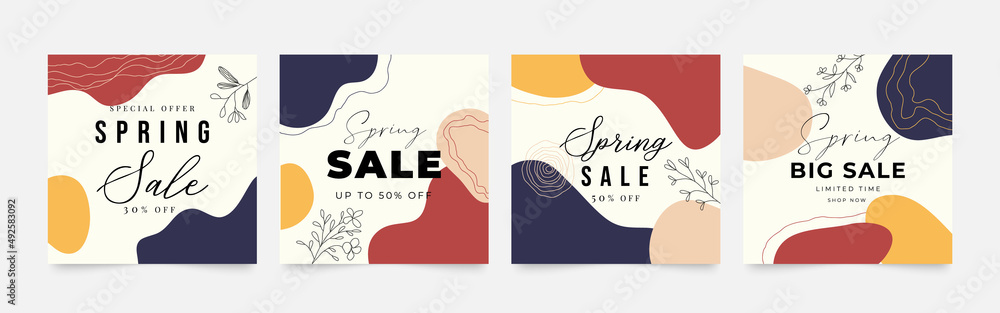 Spring season floral square cover template. Set of banner design with ...