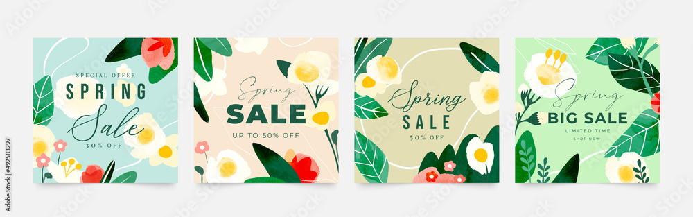 Spring season floral square cover template. Set of banner design with ...