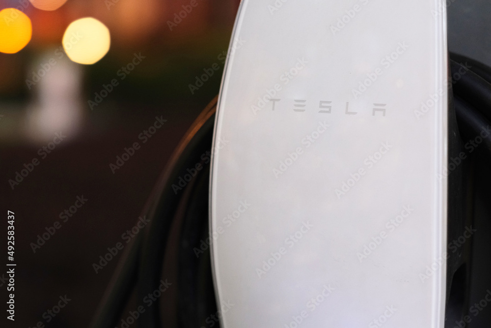Shanghai.China-March 11th 2022: close up Tesla logo on charging pile at ...