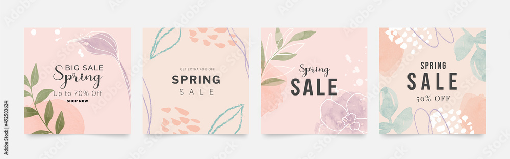 Spring season floral square cover template. Set of banner design with ...