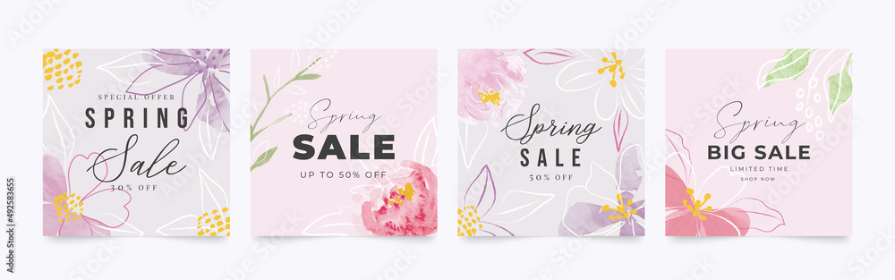 Spring season floral square cover template. Set of banner design with ...