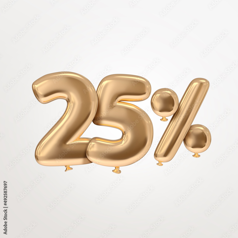 25 percent sale balloon element golden 3D illustration isolated numbers ...
