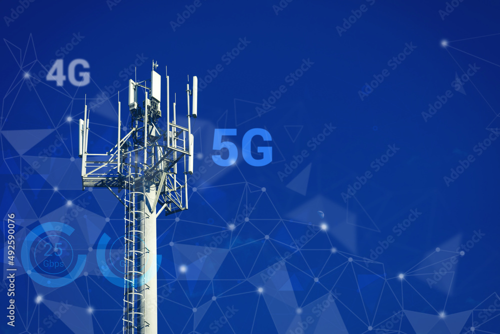 5G network wireless systems concept. Telecommunications tower with 4G, 5G transmitters, cellular ...