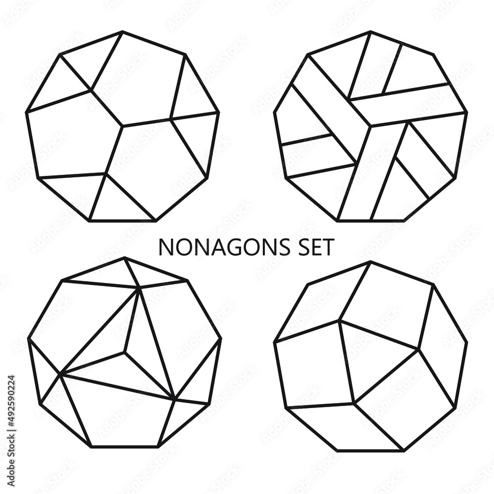 Set of nonagon shaped icons with line art 3d effect designs in black ...