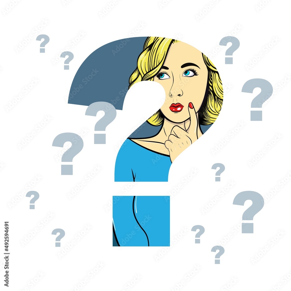 Thoughtful woman in a question mark. Vector illustration Stock Vector ...