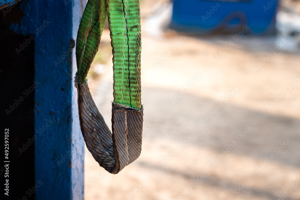 Close-up at webbing lifting sling hook which is using for lift the ...