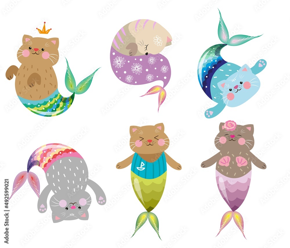 big set vector art stickers cute mermaid cat, clipart, illustrations ...