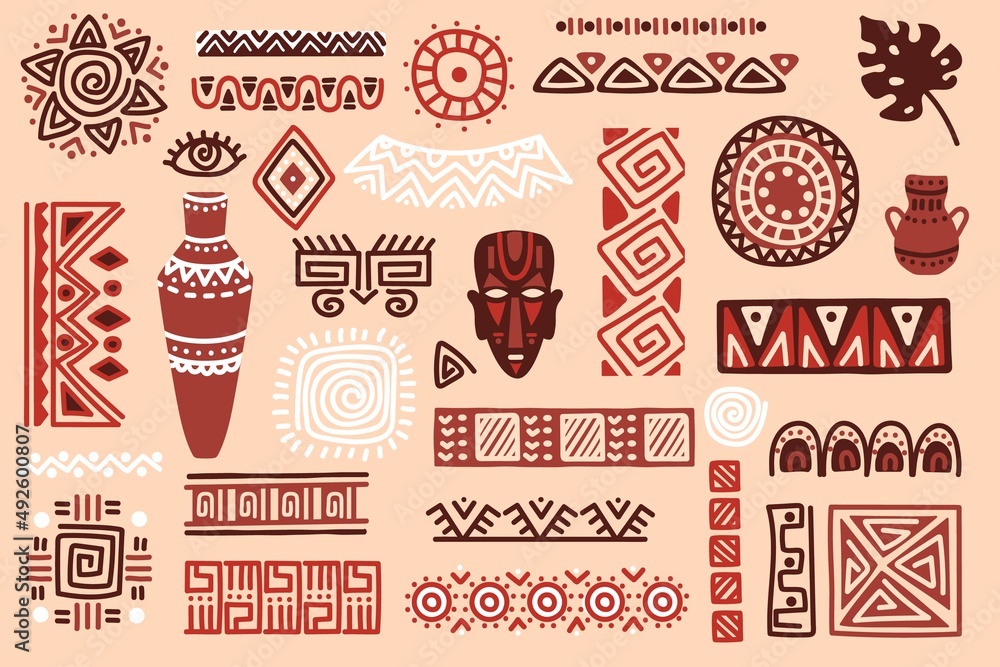 Hand drawn african elements, tribal shapes and textile ornaments ...