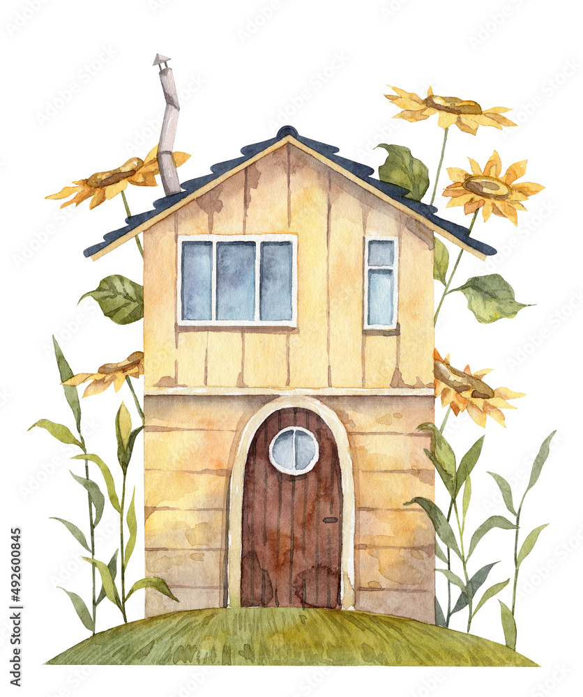 Cute spring house facade with sunflowers and corn plant on background ...