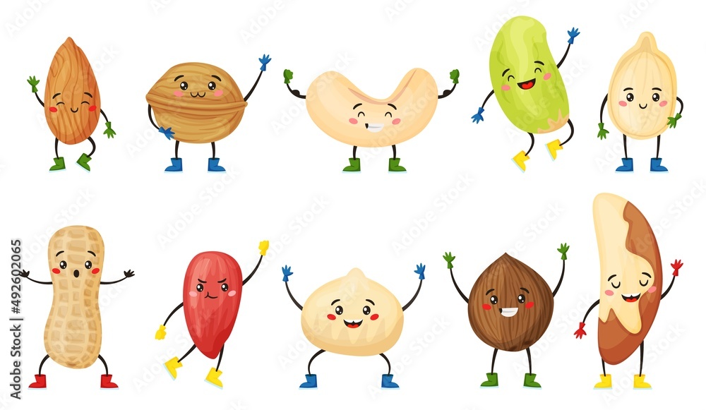 Cartoon nut and seed characters with cute smiling faces. Almond ...