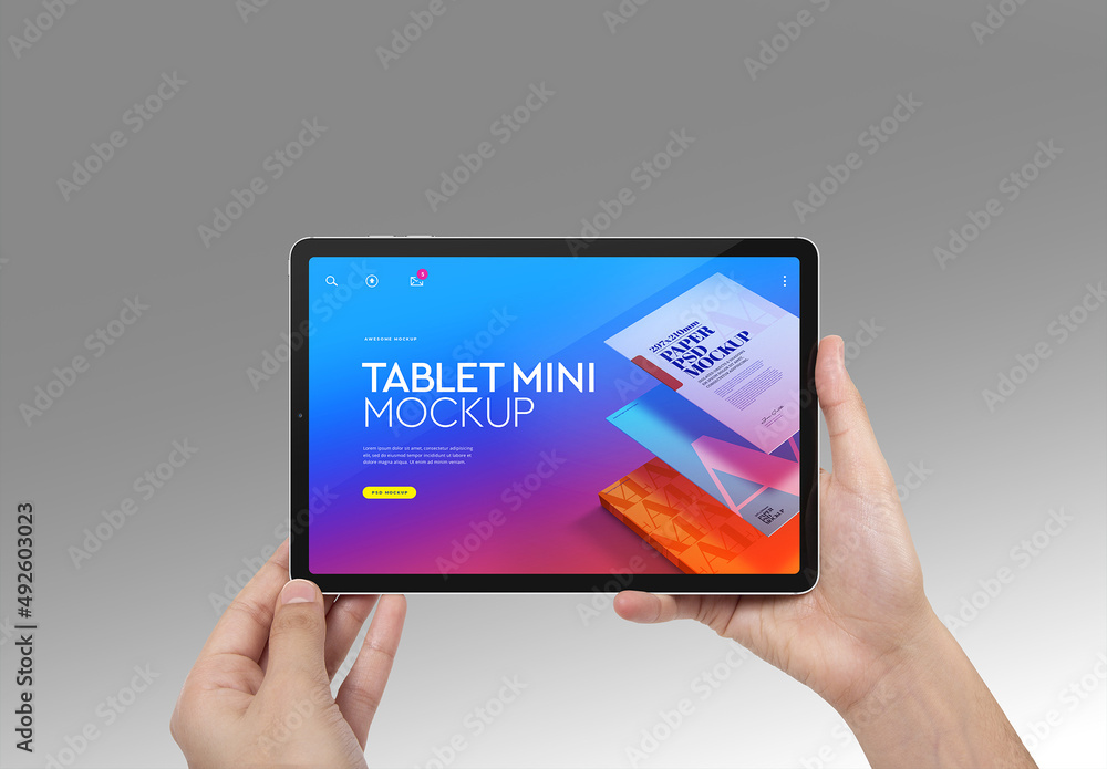 Hands Holding Tablet Mockup Mini Horizontal Stock Template | Adobe Stock