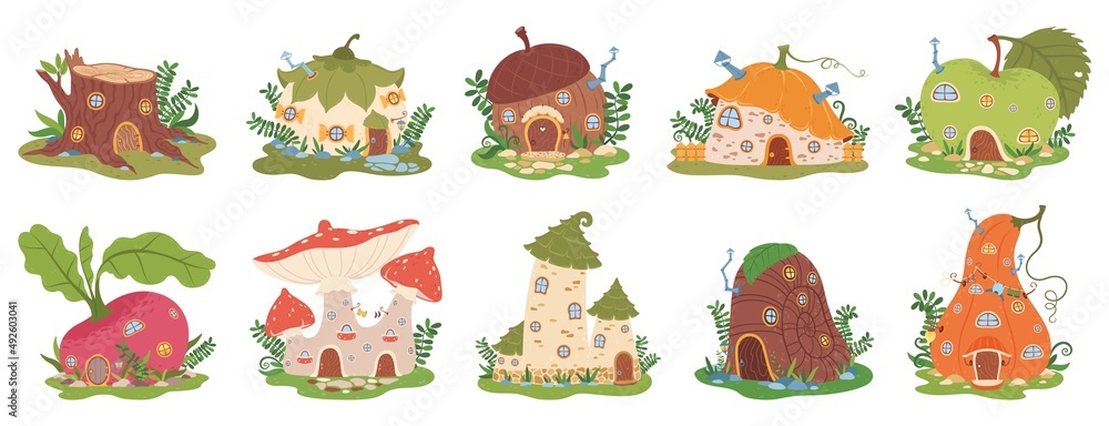 Cartoon garden gnome houses, cute fairytale dwarfs house. Fantasy ...