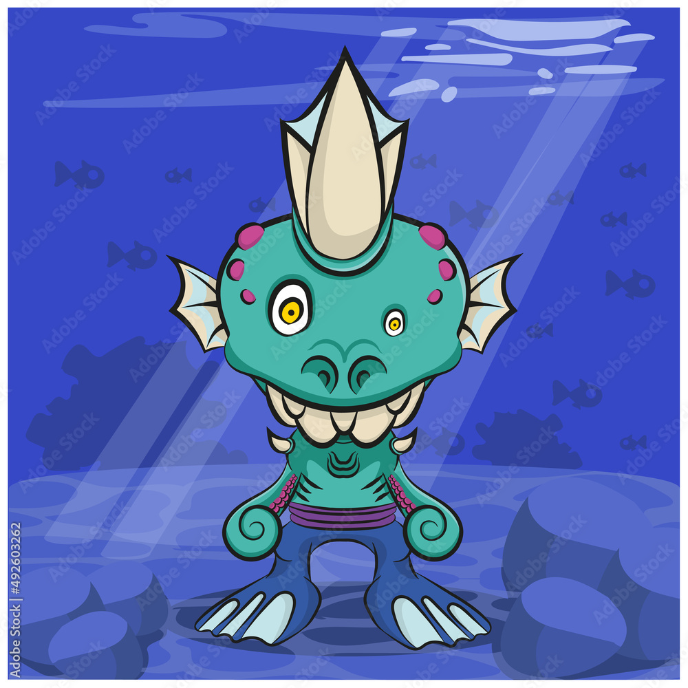 Sea monster with ocean floor, monster, creature, tongue, fang, teeth ...