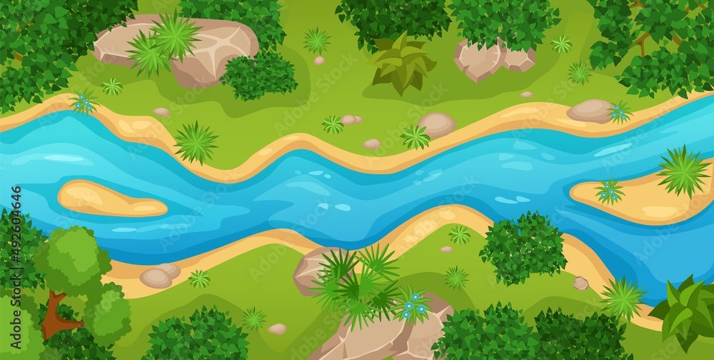 Cartoon top view river landscape with green trees, bushes and stones ...