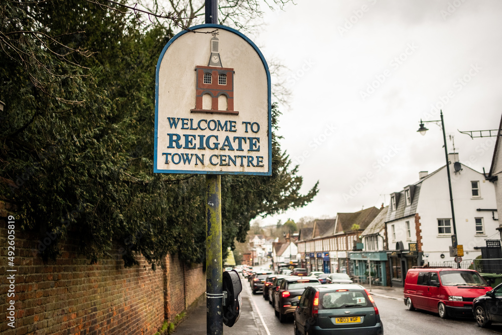 Reigate, Surrey - Welcome to Reigate sign on edge of town. An ...