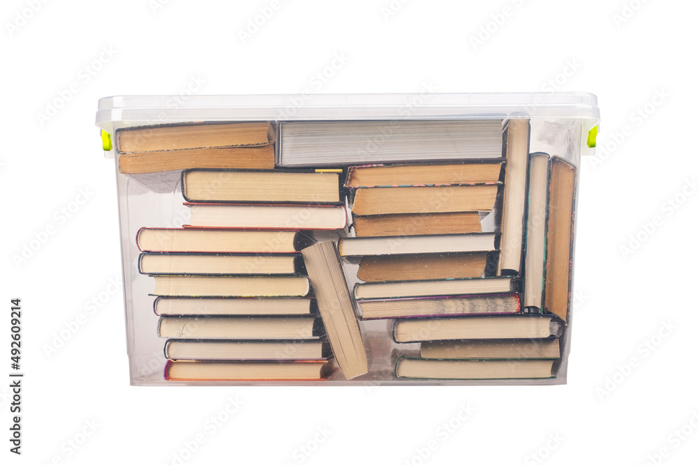 Plastic box with books isolated on white background. Stock Photo ...
