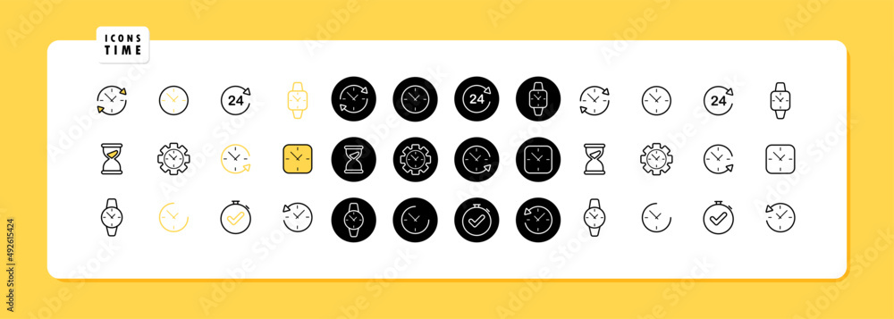 Time icons set. Clock, alarm clock, repeat time, norm fulfillment and ...