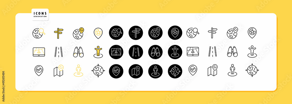 Geolocation icons set. Icons my location, search for a place ...