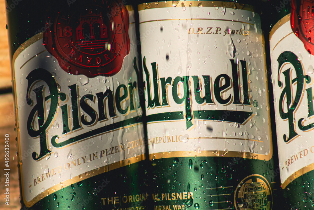 Prague, Czech Republic - March 13, 2022: Cans of Pilsner Urquell beers ...