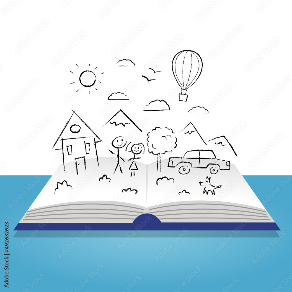 Open Book with Story Ideas Stock Vector | Adobe Stock