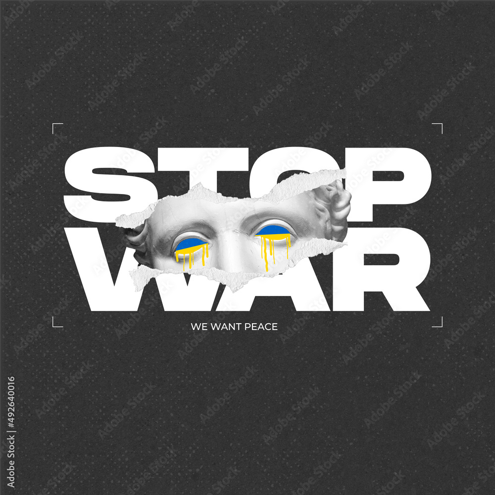 Contemporary art collage. Antique statue eyes crying with ukrainian ...