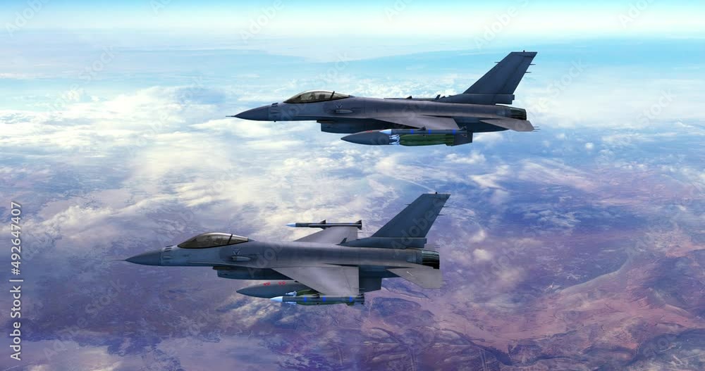 Advanced Fighter Jets Flying Together Above The Clouds. Accelerates And ...