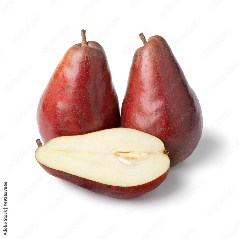Whole and half fresh ripe Red Modoc pears isolated on white background ...