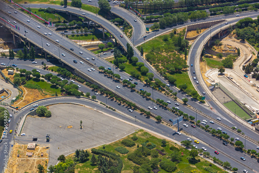 Aerial view of Hakim Expressway and Chamran Highway crossing in Tehran ...