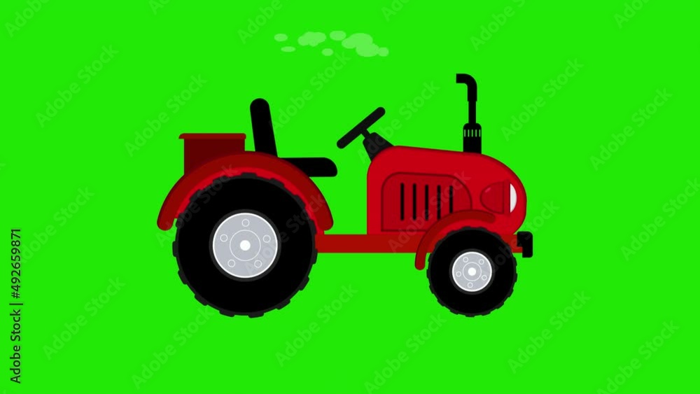 Animation of a red tractor. Cartoon tractor moving on the green screen ...