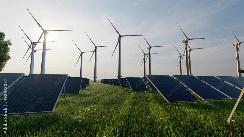 Panoramic view of wind farm or wind park, with high wind turbines for ...