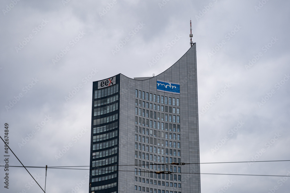 LEIPZIG, GERMANY - 19. September 2021: Huge skyscraper in the city ...