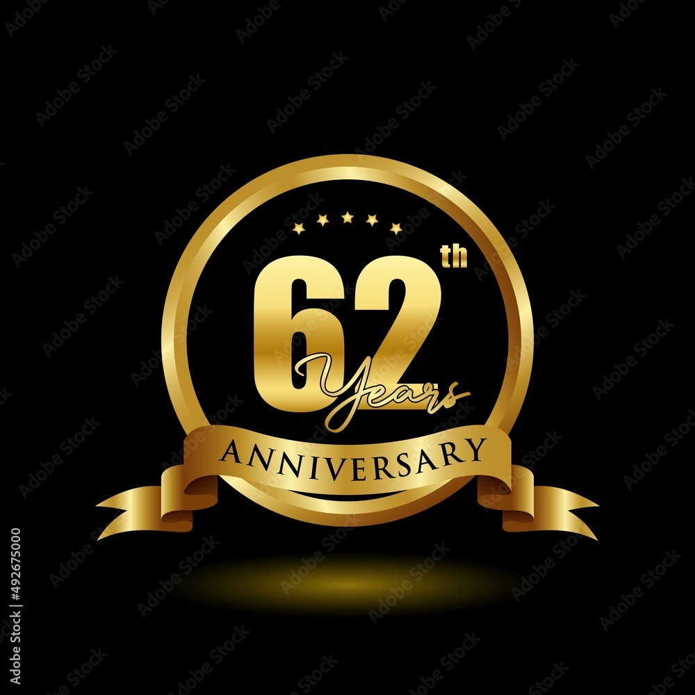 62th anniversary celebration. Birthday logo with gold ribbon and gold color isolated on a black ...