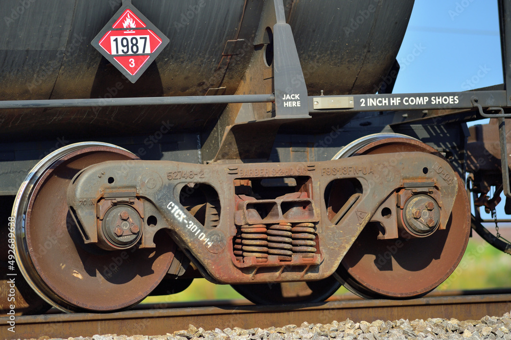 A standard AAR set of wheels or trucks that support freight cars used ...