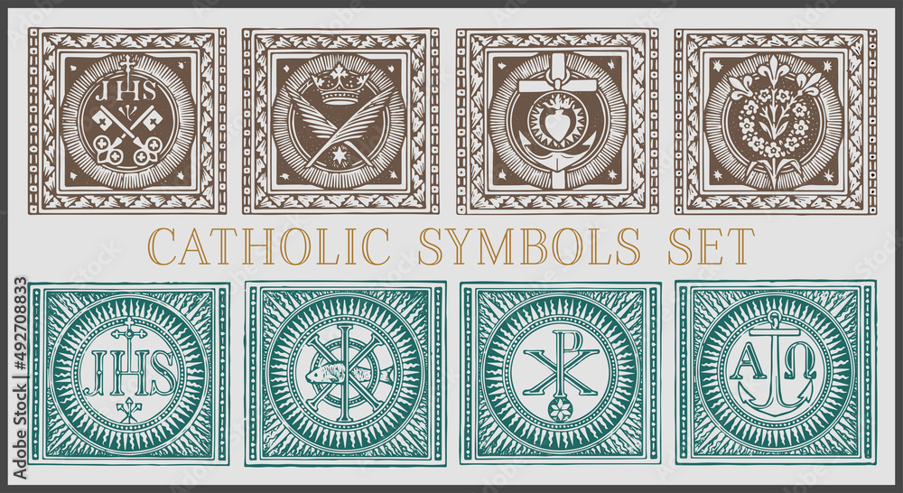 Catholic Symbols vector set of 8, vintage engraving. Catholic symbolism ...