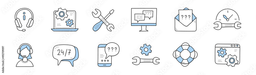 Customer support service, call center icons. Vector doodle set of ...