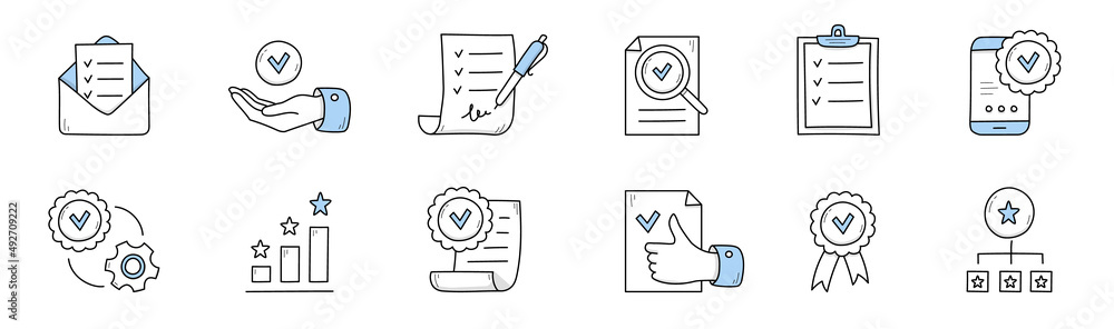 Quality control icons. Doodle symbols of product guarantee, compliance ...