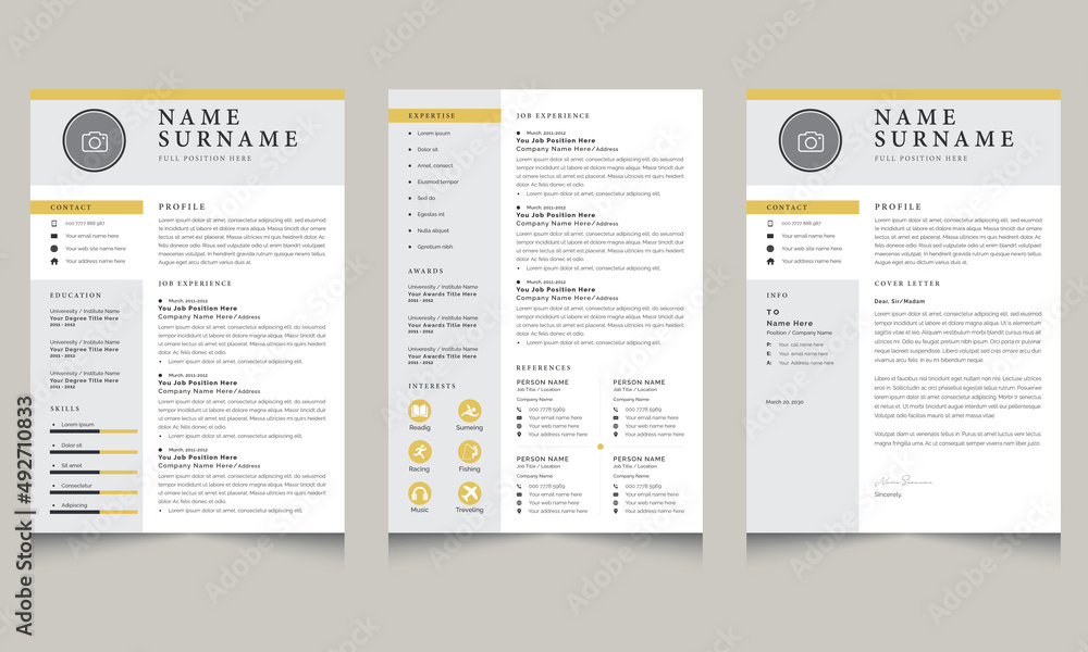 Professional CV, Resume Template and Cover Letter Layout Set Gray ...