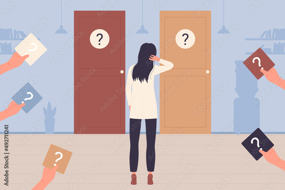 Woman standing near two doors to choose right or left entrance to room ...