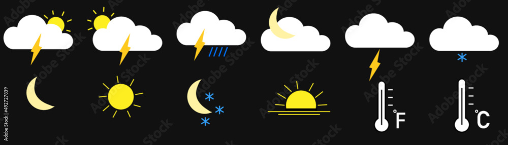 Weather icons set in color , Weather isolated on black background ...